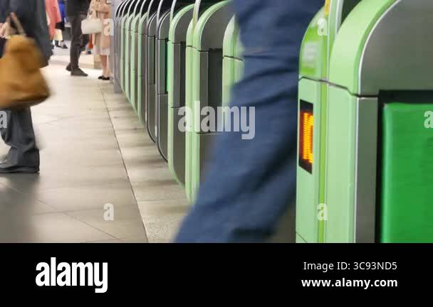 Close up view of the ticket gate in the train station with many ...