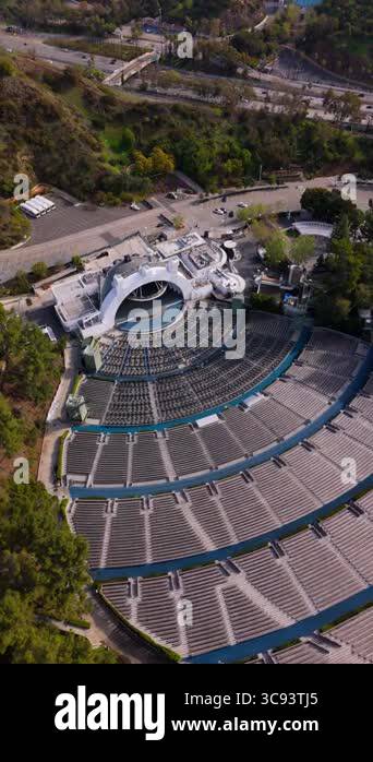 Vertical drone shot of the Hollywood Bowl Amphitheatre in Los Angeles ...