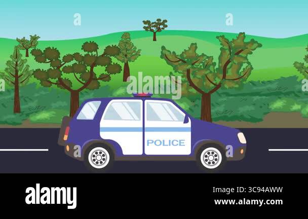 Automobile running on the road, 2d cartoon animation with nature fields ...