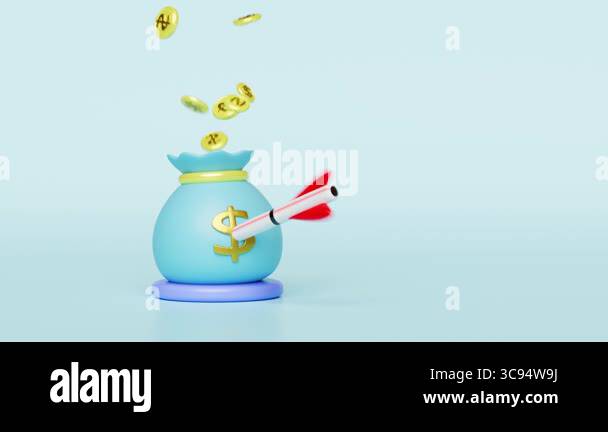 3d money bags with darts or arrow, exploding dollar coins isolated on ...