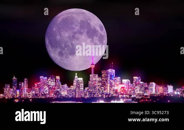 Large moon over Toronto downtown in Ontario, Canada artistic collage ...