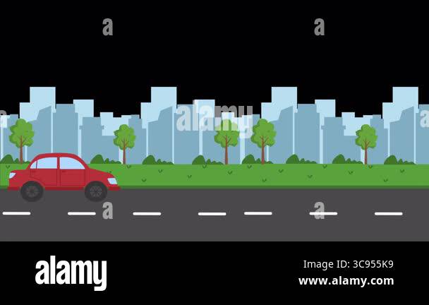 Car Footage with Cartoon Car on the road and Tree Illustration on ...