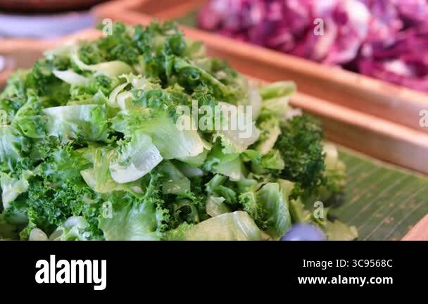 green and purple lettuce leaves in a plate in a buffet Stock Video ...