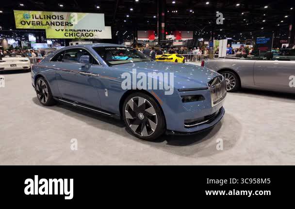 The big indoor auto show, Blue Rolls-Royce car at exhibit halls ...