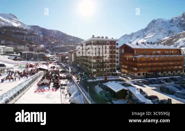 Panoramic aerial drone scenic view at ski slopes, mountain skiing and ...