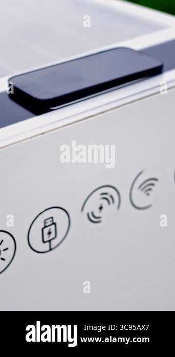 This modern device features solar charging, seamless connectivity icons ...