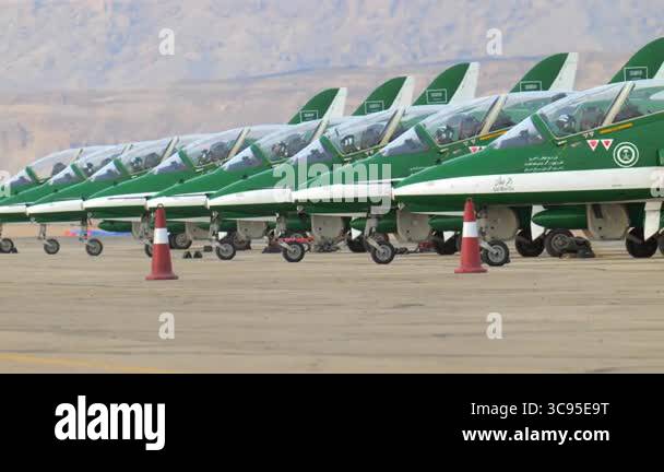 Saudi Hawks jets lined up for the National Avia Show in KSA. A ...