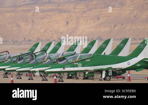 Saudi Hawks jets lined up for the National Avia Show in KSA. A ...