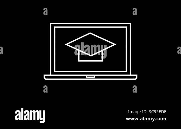 Animated online education video laptop with graduation cap play button ...