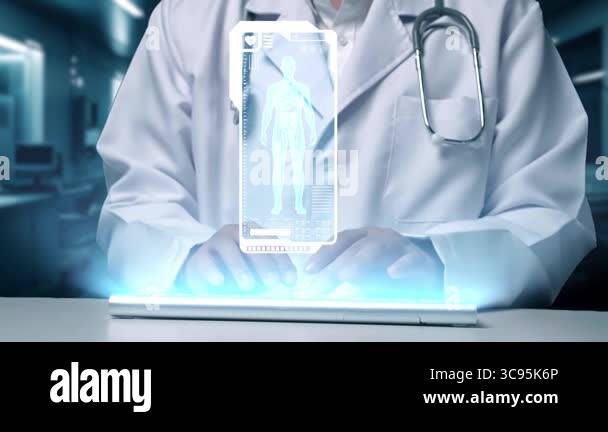 Close up of smart doctor typing at keyboard with human body anatomy ...