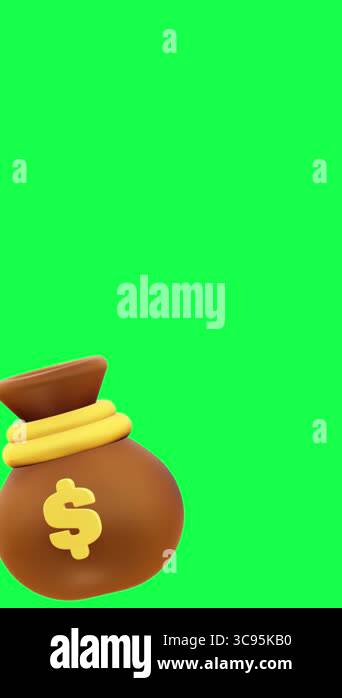 4K 3D animation of a money pouch bouncing on a green screen background ...