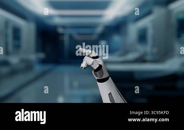Close up of robotic hand pointing and tapping at brain hologram with ...