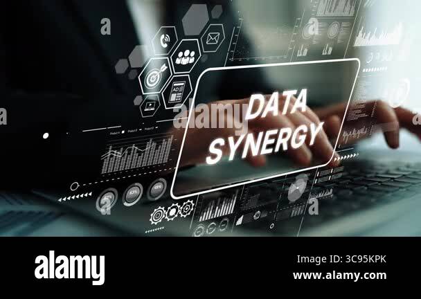 Hands Typing on Laptop with Data Synergy Concept Visualization in Modern Digital Environment ...