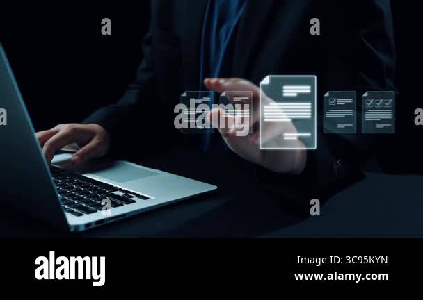 Business person managing online documents for efficient work processes ...