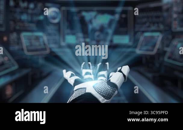 Close up of robotic hand open palm of hand with brain hologram floating ...