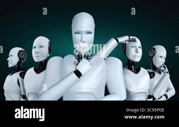 3D rendering of robot hominoid group in concept of future artificial ...