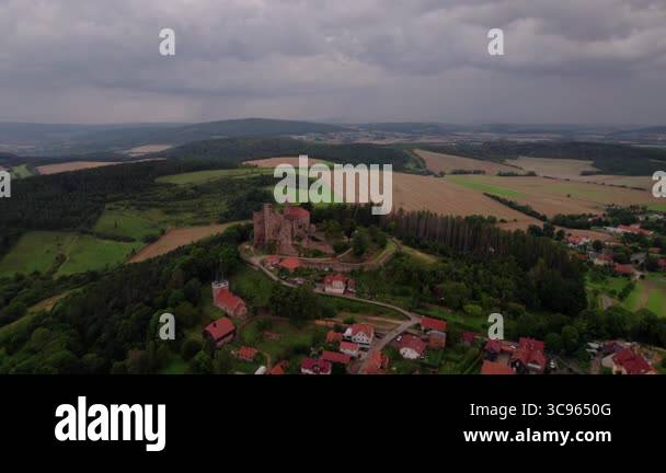 Aerial view of Ruins of Hanstein Castle in Germany, befor storm. The ...