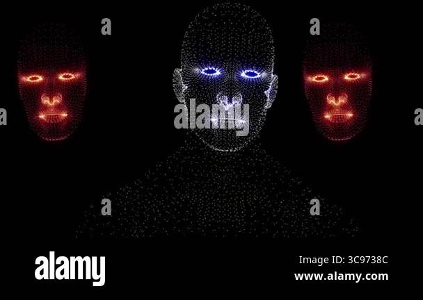 Futuristic 3D animation of a speaking human mask formed by glowing dots ...