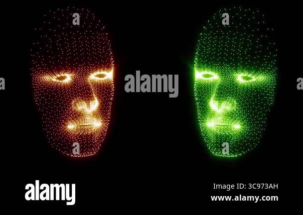 Futuristic 3D animation of a speaking human mask formed by glowing dots ...