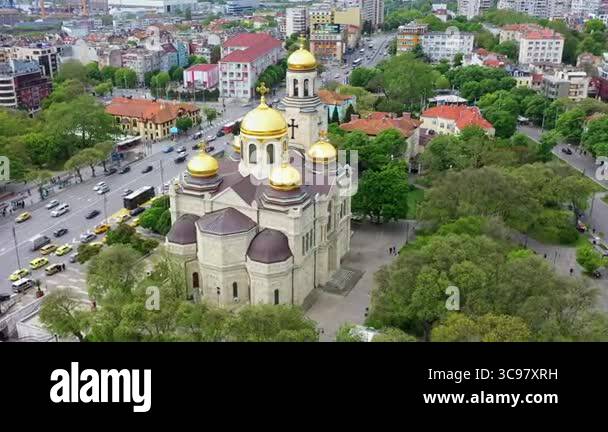 Aerial view of The Cathedral of the Assumption temple in Varna city ...