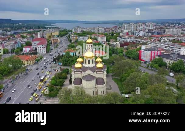 Aerial view of The Cathedral of the Assumption temple in Varna city ...