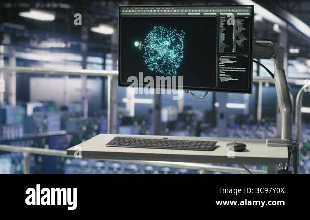 PC monitor on data center industrial platform displaying hardware ...