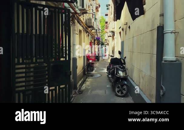 Small alley in urban city street view with modern buildings in Shanghai ...