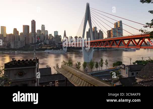 Chongqing city timelapse view of urban architecture and bridge over ...