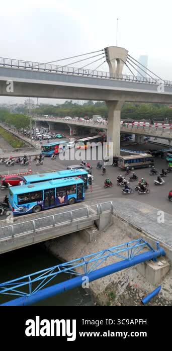 Aerial view of chaotic traffic at major intersection in Hanoi, Vietnam ...