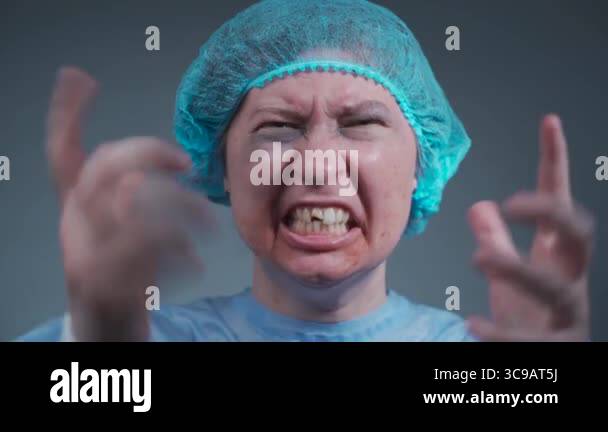 Injured woman in hospital attire screams and cries in emotional agony ...