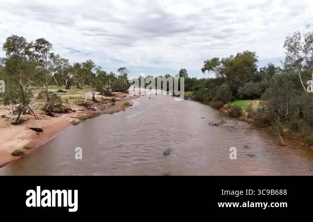 The Stuart Highway crosses the Finke River, Drone footage of the river ...