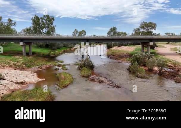 The Stuart Highway crosses the Finke River, Drone footage of the river ...