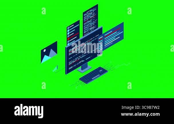 Isometric desktop computer. Coding programming technology. Programming concept. Technology ...