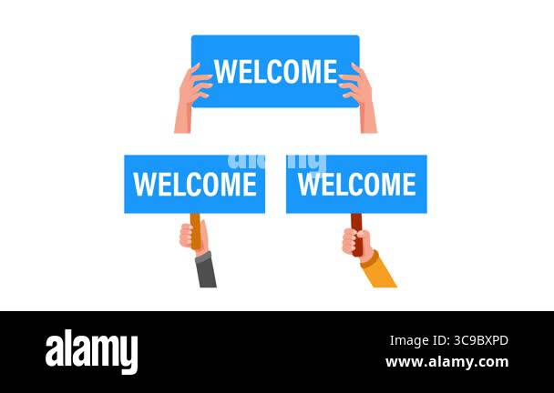 Cartoon animation of hands holding welcome signs, with white background ...