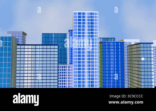 A 3D animation of a group of tall, modern, stylized skyscraper ...