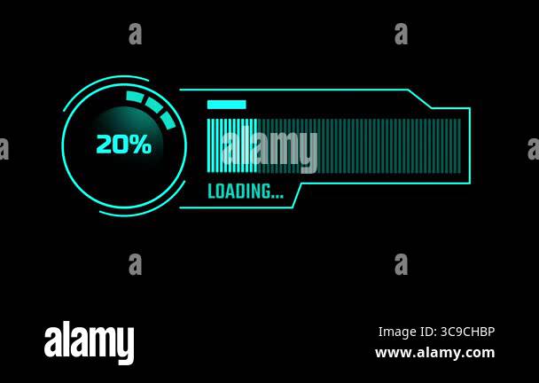 This circular tech-themed loading animation features glowing cyan ...