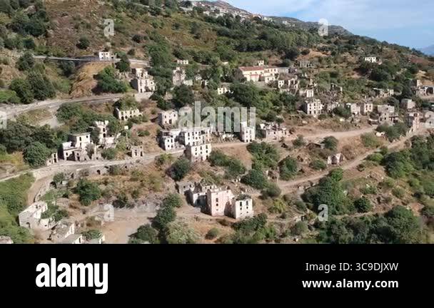 The drone view to the ghost town of Gairo Vecchio, Sardinia, Italy ...