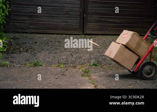 Woman with delivery of cardboard boxes and trolley cart medium 4k shot ...
