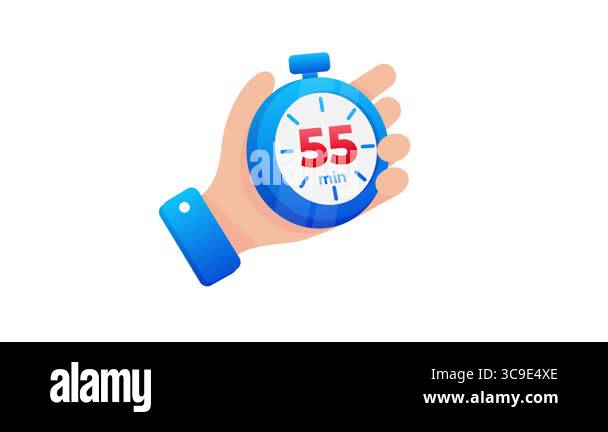 Cartoon hand holding a blue stopwatch with fifty five minutes on white ...