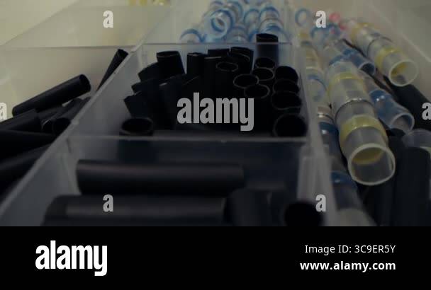 Cable insulators, close-up slider shot of cable insulators for splicing ...