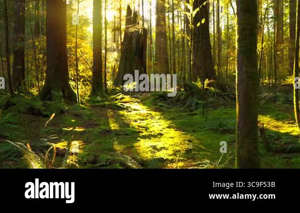 Moving through the lush green forest at sunset. Stunning Canadian ...