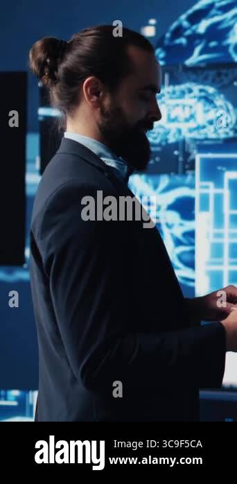 Vertical Video Businessman working with digital AI neural networks ...