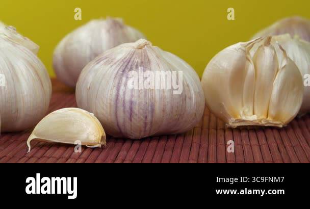 Garlic rotates on yellow background. Garlic, Allium sativum, species of ...