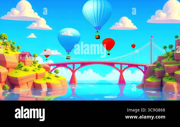 Floating Island Bridge Cartoon Hot Air Balloons and Calm Waters Stock ...