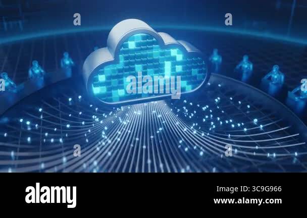 3D animation depicts a glowing cloud icon linked to abstract figures ...