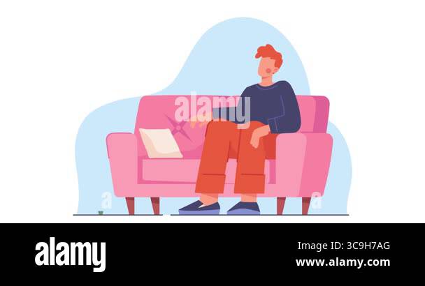 Thoughtful person. Moving banner with man sitting on comfortable sofa ...
