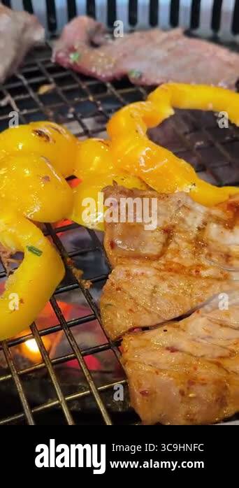 grill meat and yellow bell pepper. High quality 4k footage Stock Video ...