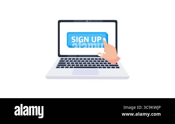Laptop with sign up button being clicked, on white and green screen ...