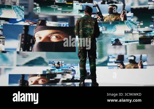 Armed forces soldier gathers surveillance from digital drone systems, preparing for combat with ...