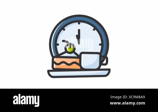 Animated coffee break with clock, cake, cup, plate, time, sweet, snack ...